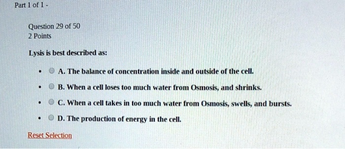 Pant of 1 Question 29 of 50 Points Lysis is best described as: The ...