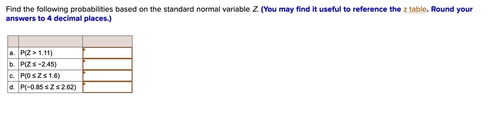 SOLVED: Find the following probabilities based on the standard normal variable Z (You may find ...