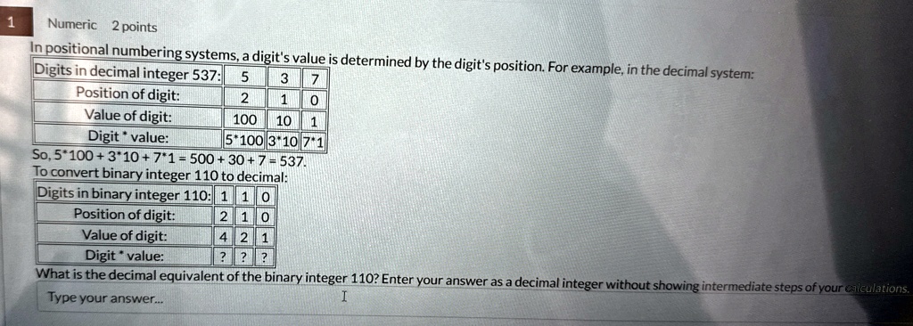 [GET ANSWER] numeric 2 points in positional numbering systems a digits value is determined by ...