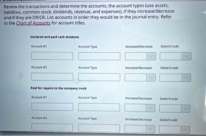 review the transactions and determine the accountsthe account types use ...