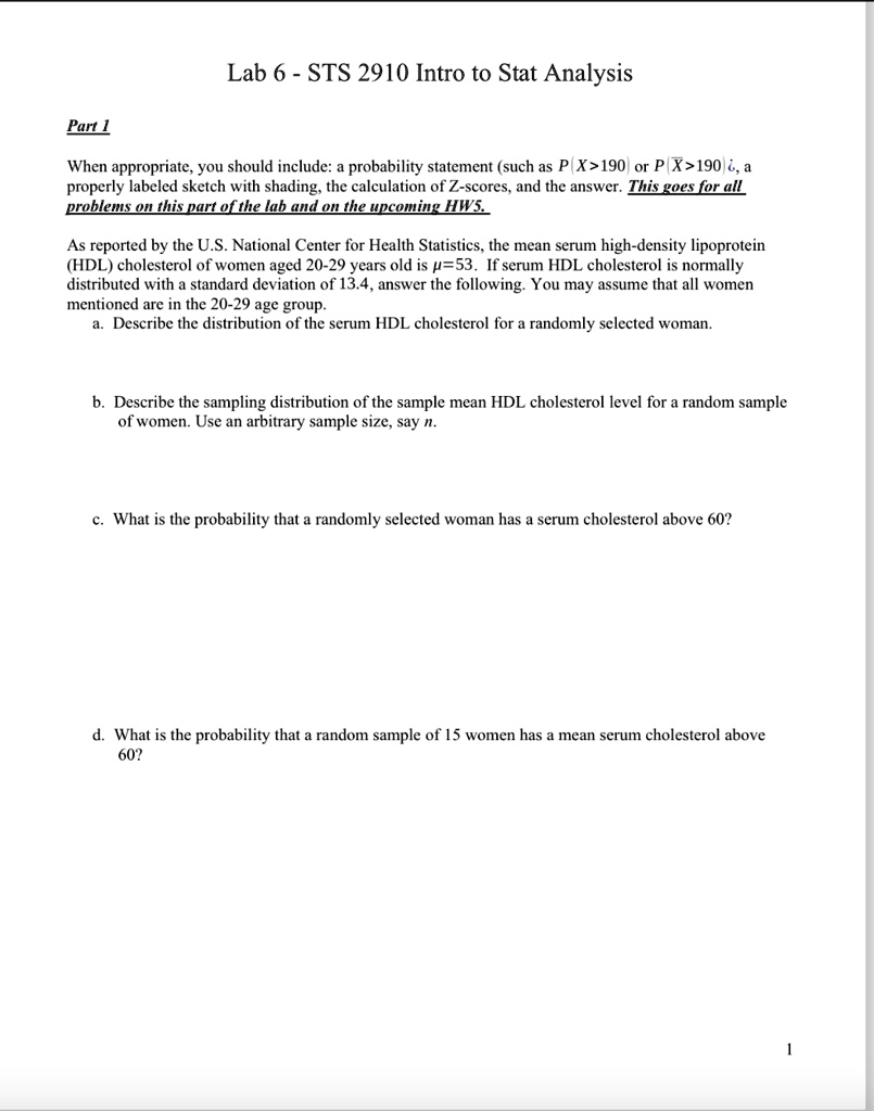 SOLVED: Lab 6 - STS 2910 Intro to Stat Analysis Part 1 When appropriate ...