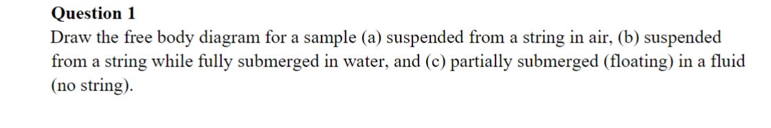 Question 1 Draw the free body diagram for a sample (a) suspended from a string in air, (b ...