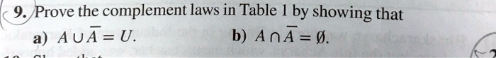 9 prove the complement laws in table 1 by showing that a aua u b ana0 49606