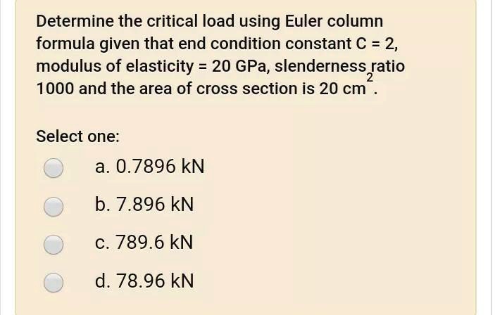 SOLVED: Determine the critical load using Euler column formula given ...