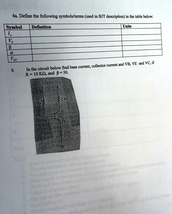 SOLVED: 4a. Define the following symbols/terms (used in BJT description in the table below ...