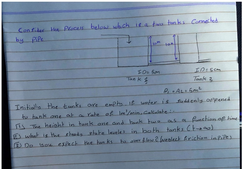 SOLVED: Consider the process below which is a two tanks connected by pipe. Initially the tanks ...
