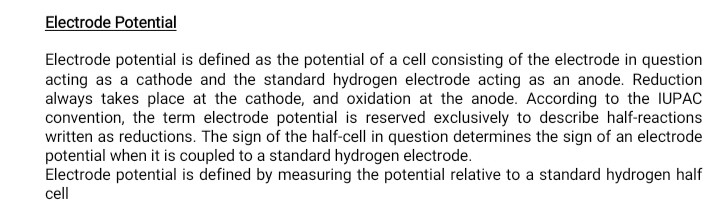 SOLVED: Electrode Potential Electrode potential is defined as the ...