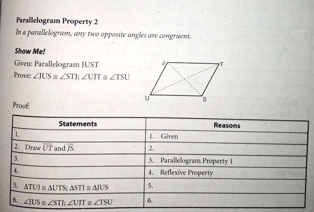 SOLVED: Parallelogram Property 2: In a parallelogram, any two opposite angles are congruent ...