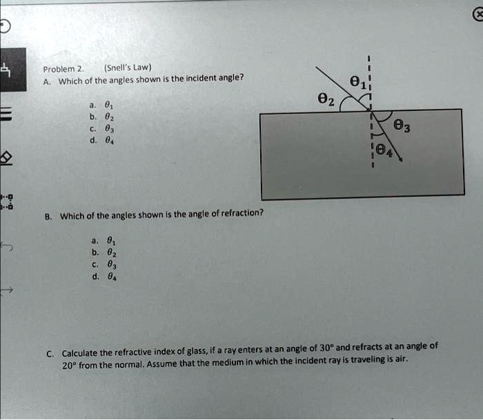SOLVED: Problem (Snell's Law): Which of the angles shown is the ...