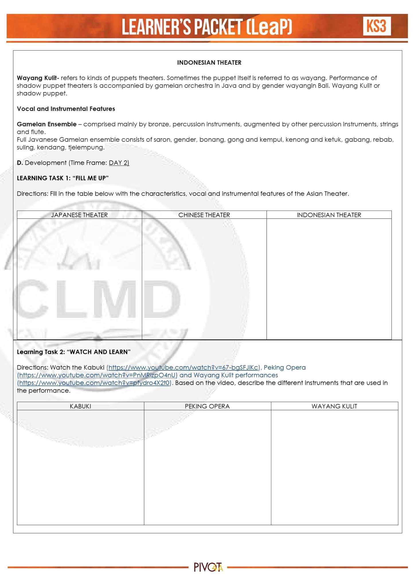 LEARNER'S PACKET[LEaP] INDONESIAN THEATER Wayang Kulit- refers to kinds ...