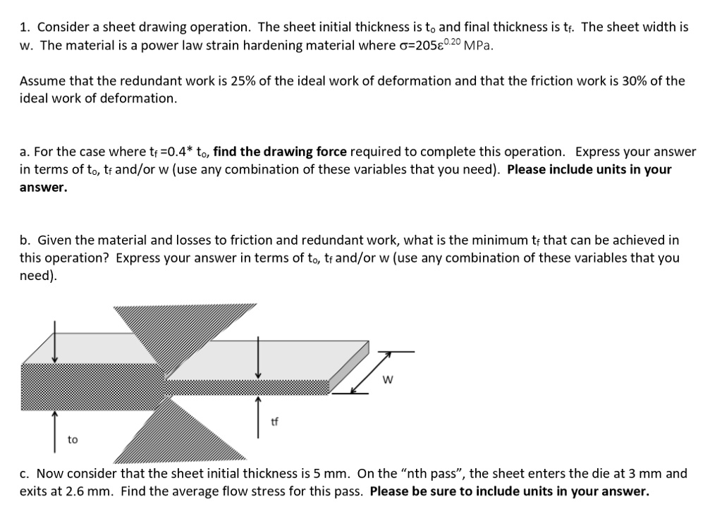 SOLVED: Consider a sheet drawing operation. The sheet initial thickness ...