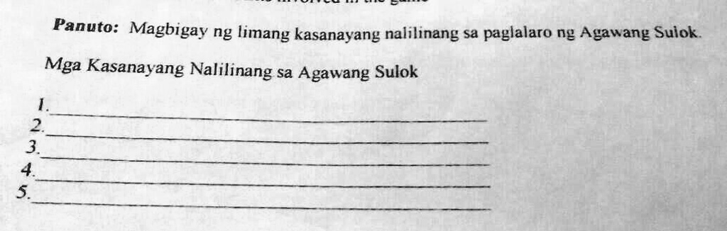 SOLVED: mga kasanayang nalilinang sa agawang sulok na laro Panuto ...