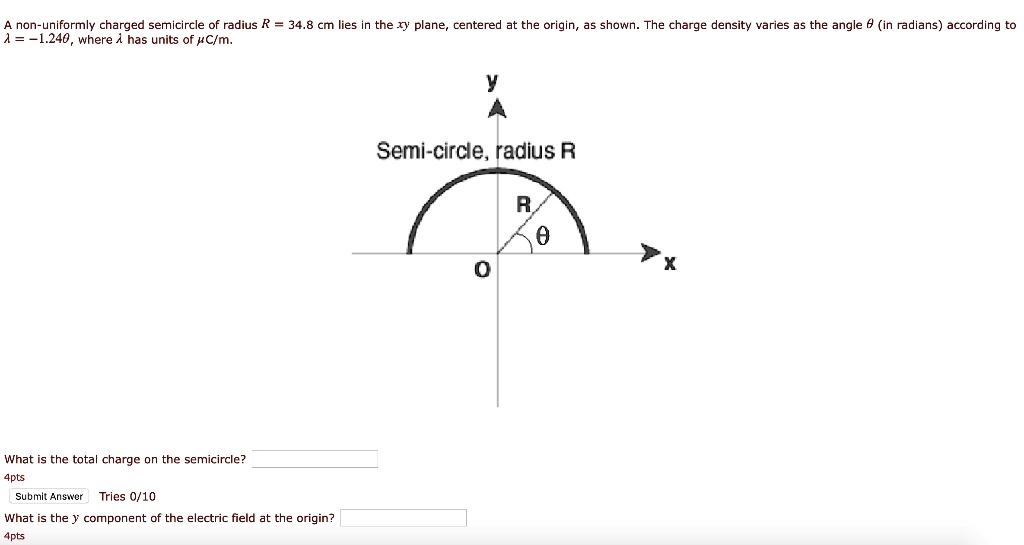 A non-uniformly charged semicircle of radius R = 34.8 cm lies in the xy plane, centered at the ...