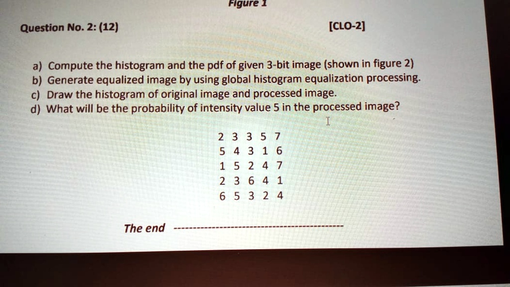 SOLVED: plz solve this quickly Figure1 Question No.2:(12) [CLO-2] a) Compute the histogram and ...