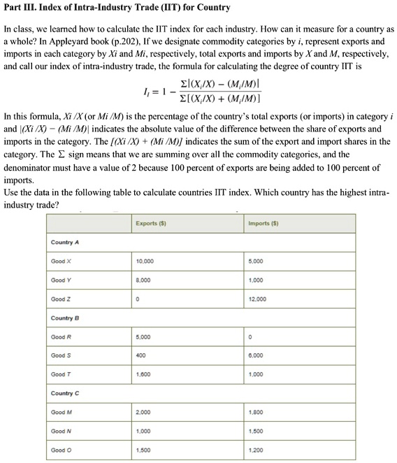 Part III. Index of Intra-Industry Trade (IIT) for Country In class, we ...