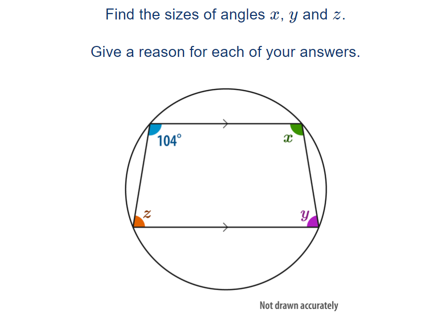 SOLVED: Find the sizes of angles x, y and z. Give a reason for each of your answers. Not drawn ...
