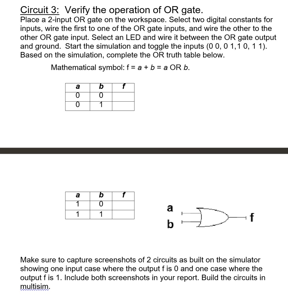 SOLVED: Text: Circuit 3: Verify the operation of OR gate Place a 2 ...