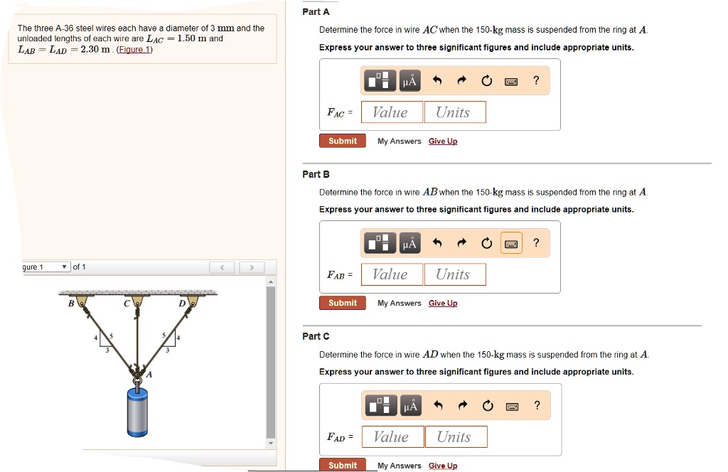 SOLVED: Part A The three A-36 steel wires each have a diameter of 3 mm and the unloaded lengths ...