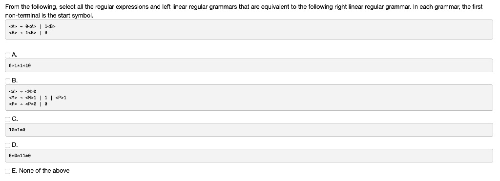 SOLVED: From the following, select all the regular expressions and left ... SOLVED: From the following, select all the regular expressions and left ...