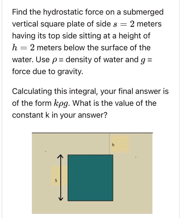 find the hydrostatic force on a submerged vertical square plate of side 2 meters having its top ...