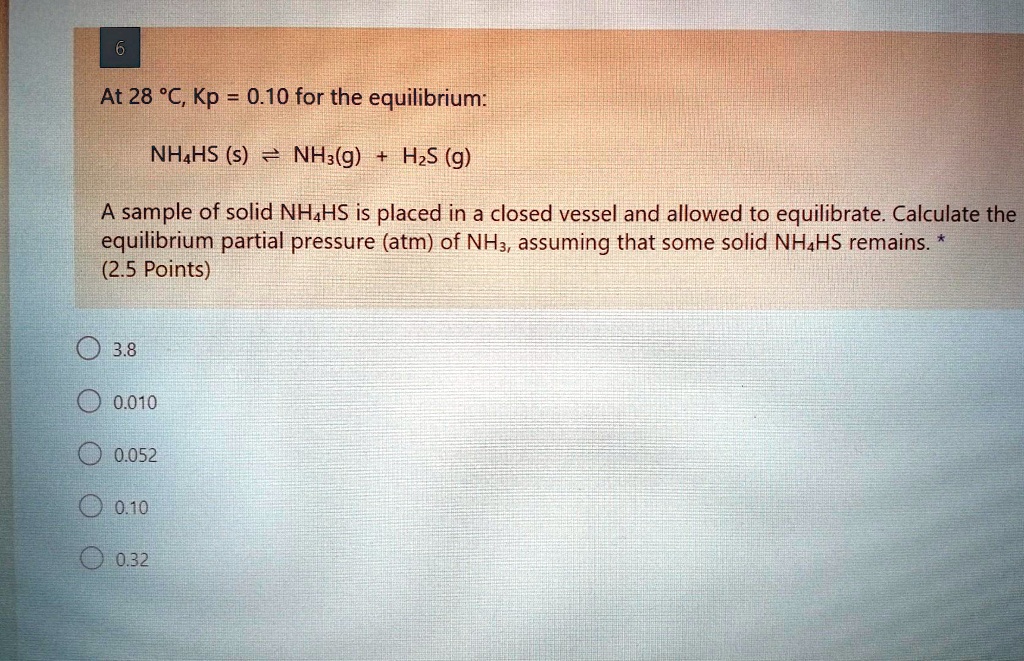 SOLVED: At 28Â°C, Kp = 0.10 for the equilibrium: NHAHS (s) = NH3 (g ...