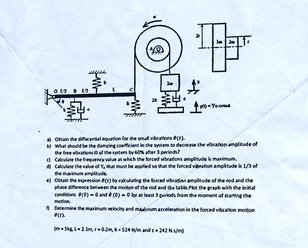 0 1 2 B 1.2 L C 2k k 2r 3m 2m y(t) = Y0 cos?t a) Obtain the ...