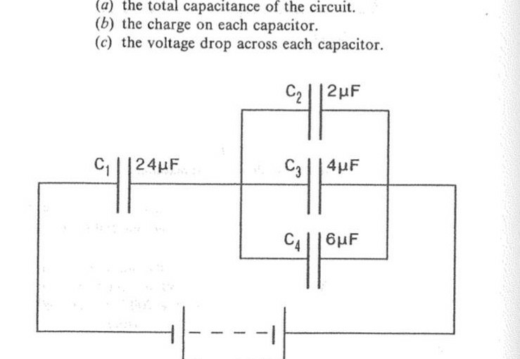 (a) the total capacitance of the circuit. (b) the charge on each capacitor. (c) the voltage drop ...