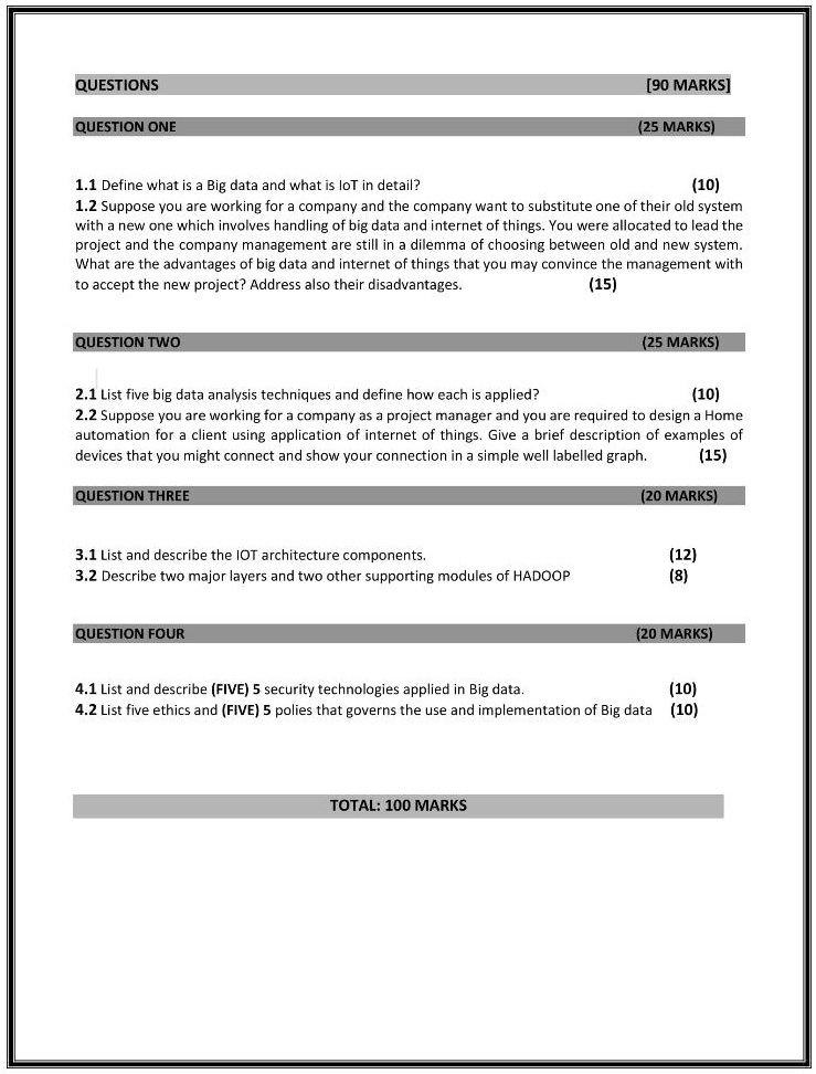 SOLVED: QUESTIONS [90 MARKS] QUESTION ONE (25 MARKS) 1.1 Define what is Big Data and what is IoT ...