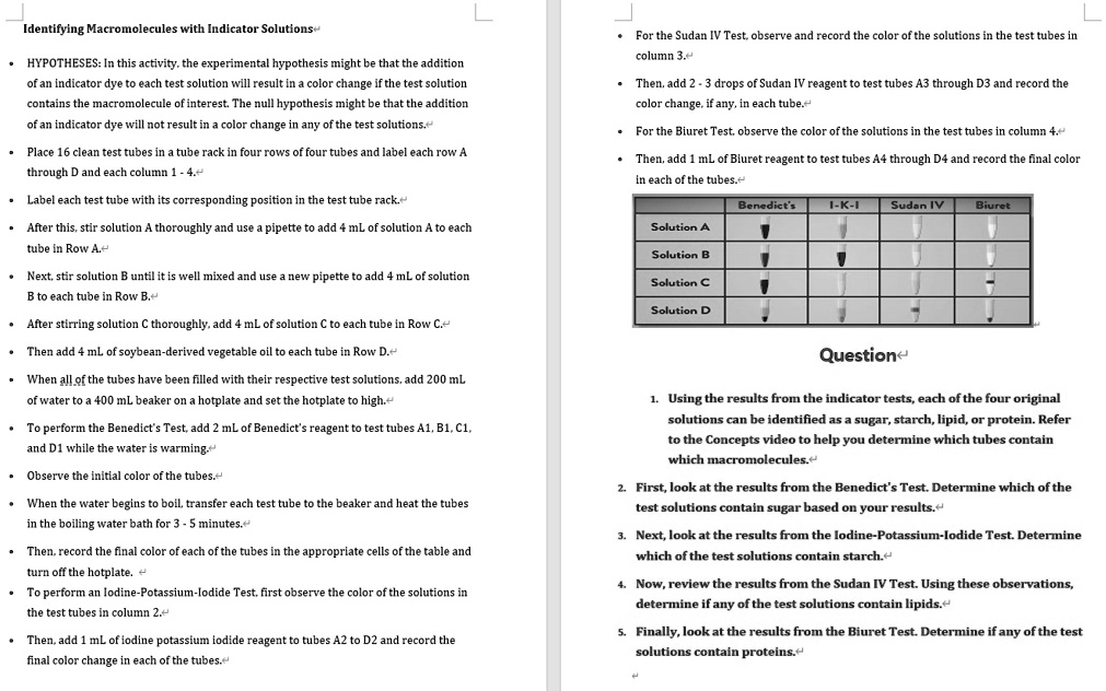 SOLVED: Identifying Macromolecules with Indicator Solutions For the ...