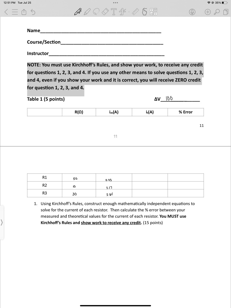 SOLVED: Using Kirchhoff’s Rules, construct enough mathema*cally independent equa*ons to solve ...