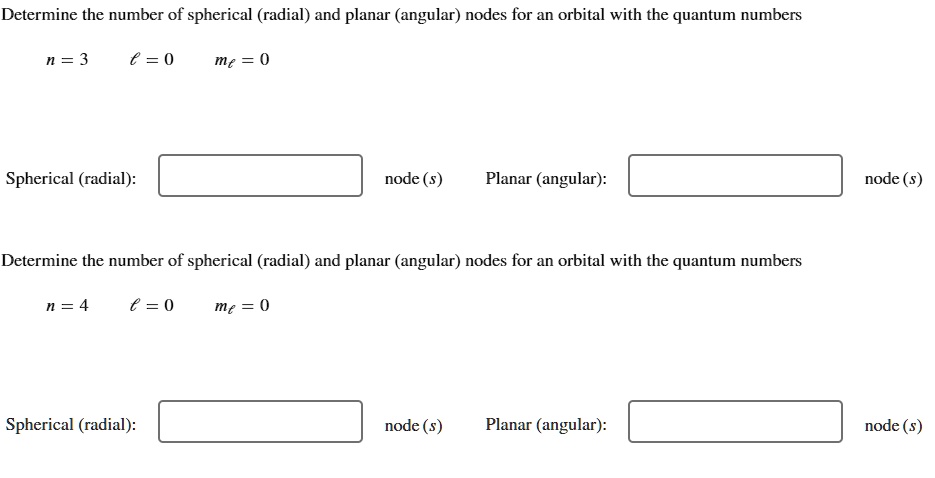 SOLVED: Determine the number of spherical (radial) and planar (angular) nodes for an orbital ...