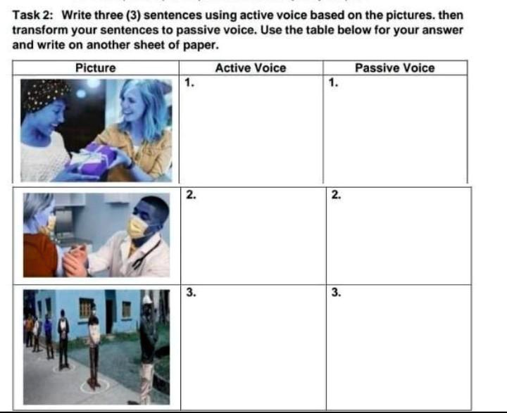 task 2 write three 3 sentences using active voice based on the pictures ...
