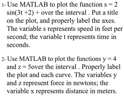 SOLVED: 1- Use MATLAB to plot the function s = 2 sin(3t +2) + over the interval Put a title on ...