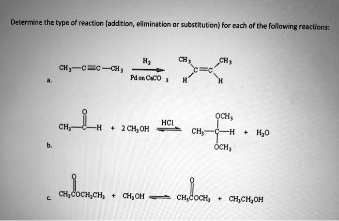 SOLVED: Determine the type of reaction (addition; elimination or substitution) for each of the ...