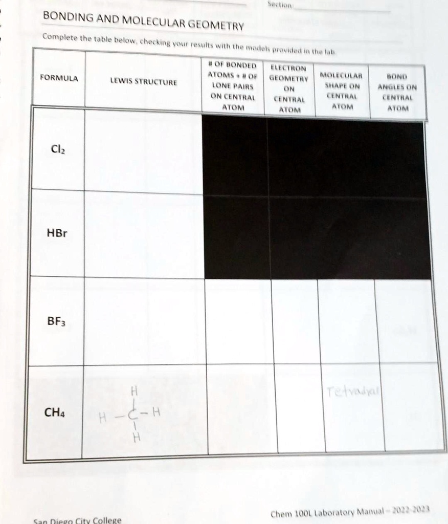 SOLVED: Section BONDING AND MOLECULAR GEOMETRY Complete the table below ...