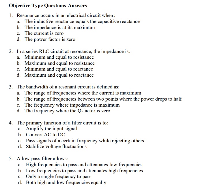 objective type questions answers 1 resonance occurs in an electrical circuit when a the ...