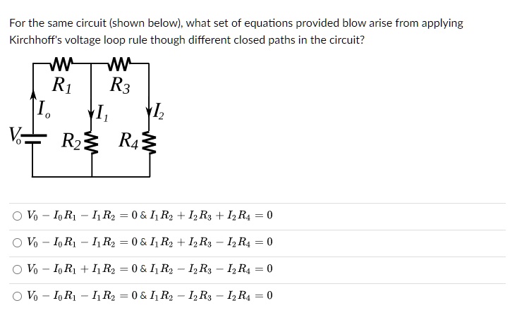 For the same circuit (shown below), what set of equations provided blow ...