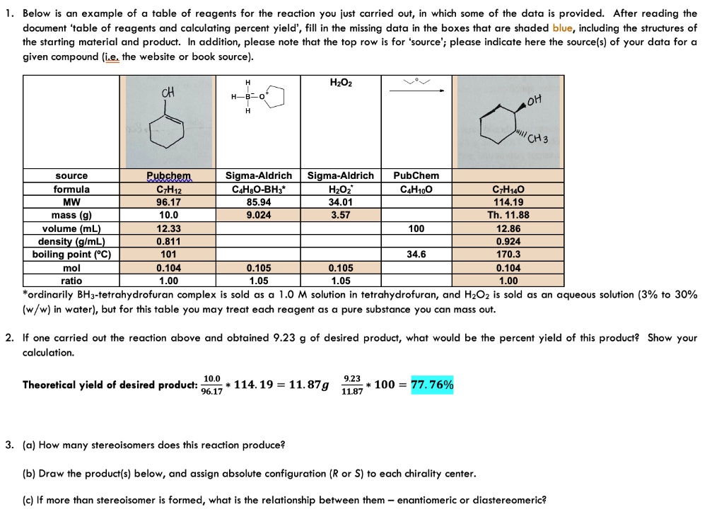 SOLVED: Below is an example of a table of reagents for the reaction you ...