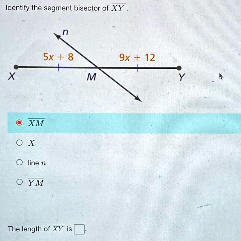 SOLVED: 'Identify the segment bisector of — XY Identify the segment bisector of XY Sx + 8 9x 12 ...