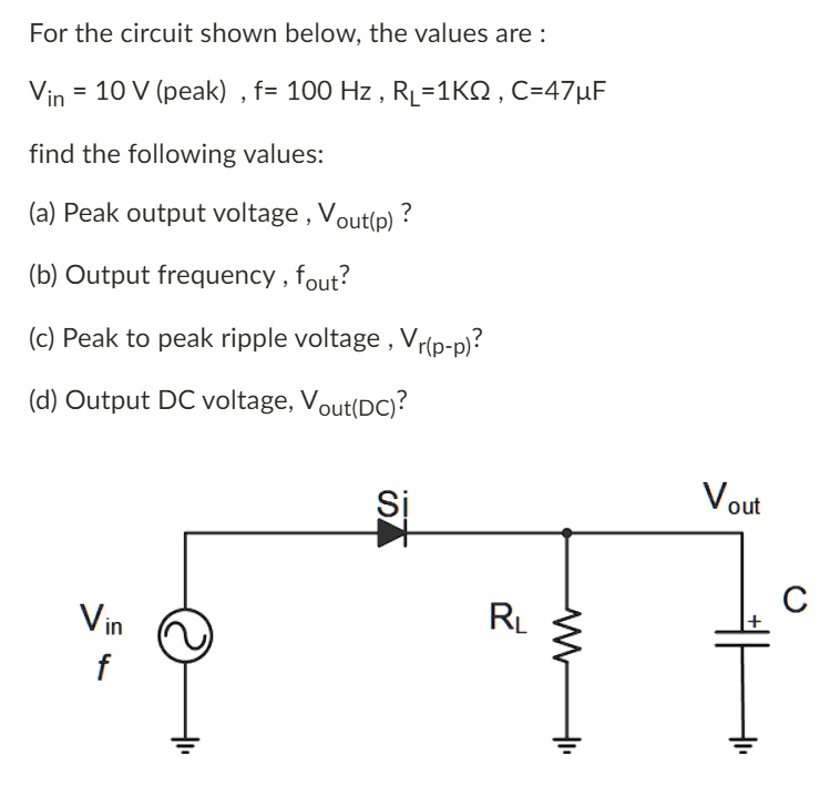For the circuit shown below, the values are : Vin = 10 V (peak), f= 100 Hz, R?=1??, C=47?F find ...