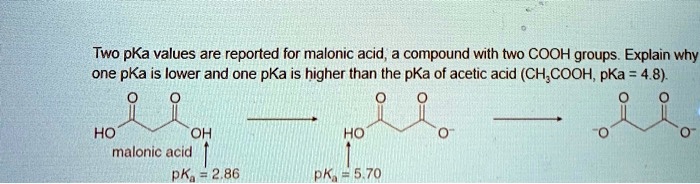 SOLVED: Two pKa values are reported for malonic acid, compound with two COOH groups. Explain why ...