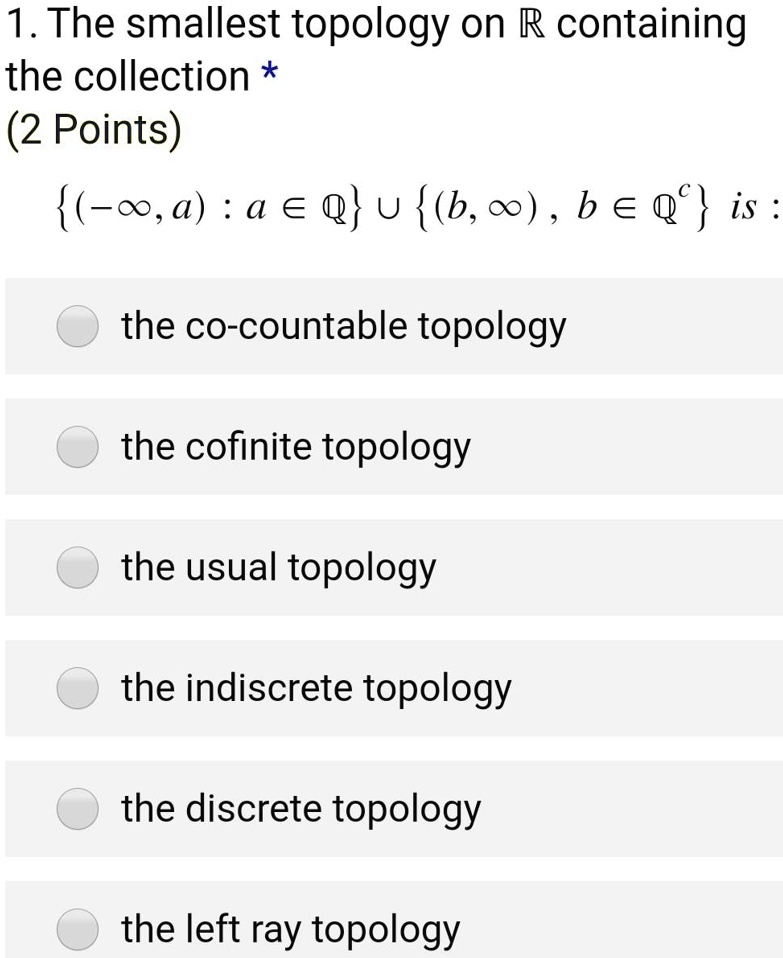 SOLVED:1. The smallest topology on R containing the collection * (2 ...
