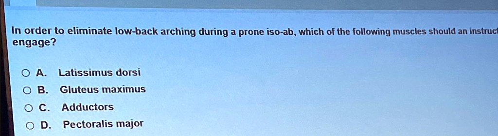 In order to eliminate low-back arching during a prone iso-ab, which of ...
