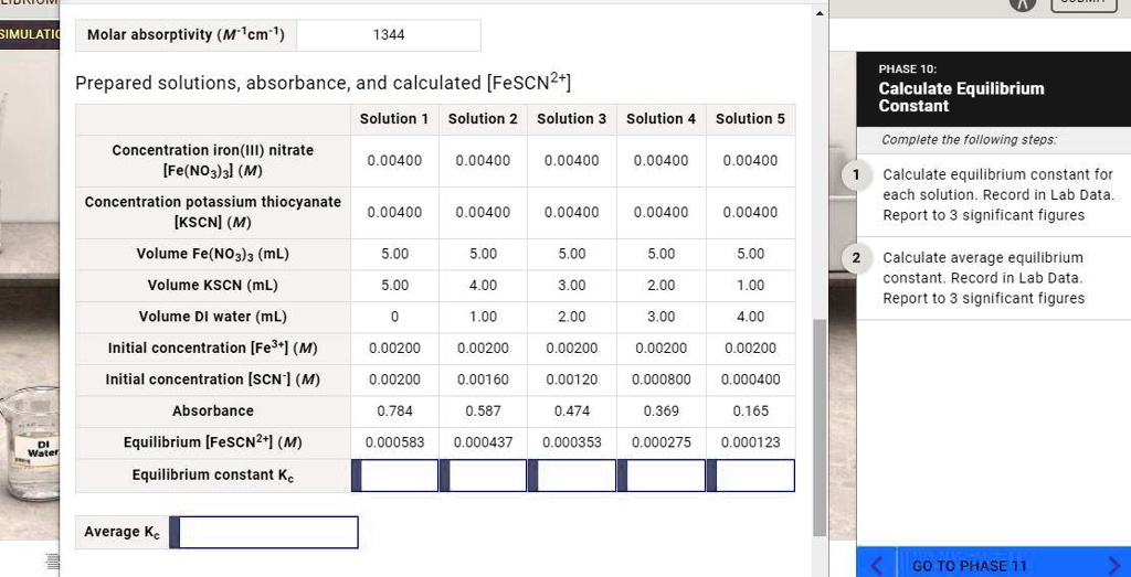 SOLVED: Text: SIMULATION Molar absorptivity (M-1cm-1) 1344 PHASE 10: Calculate Equilibrium ...