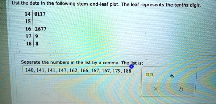 list the data in the following stem and leaf plot the leaf represents the tenths digit 14 0117 ...