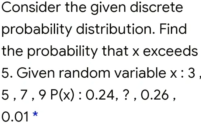 SOLVED: Consider the given discrete probability distribution: Find the probability that x ...