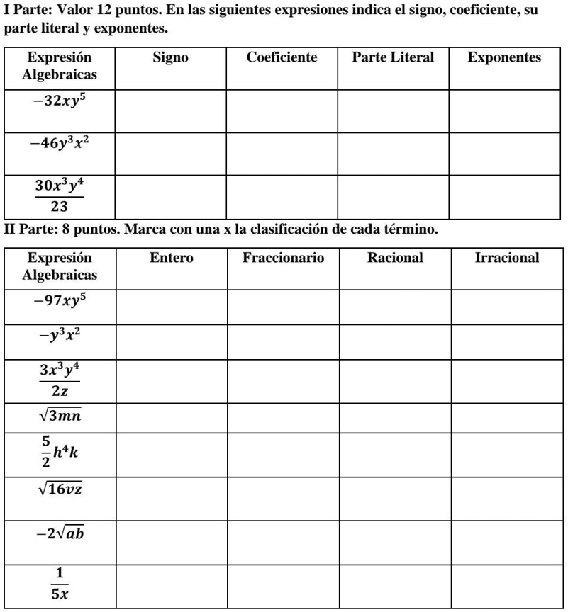 SOLVED: álgebra ayudeme porfa I Parte: Valor 12 puntos. En las ...