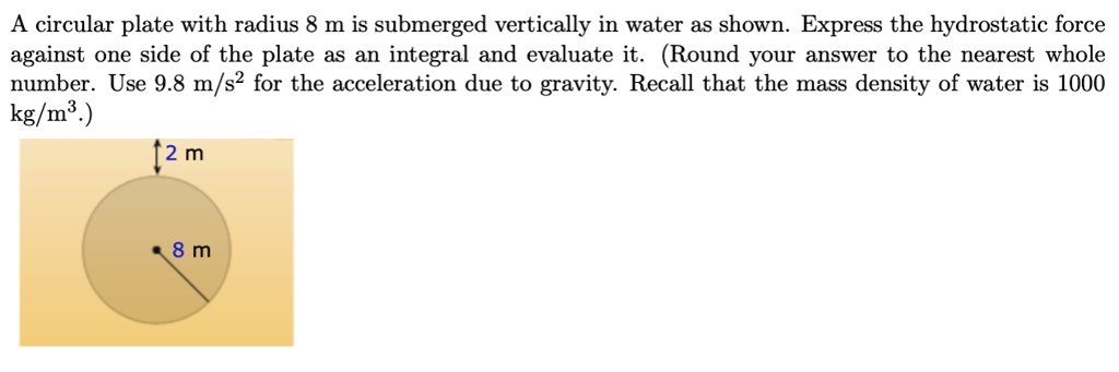 A Circular Plate With Radius 8 M Is Submerged Vertically In Water As Shown Express The