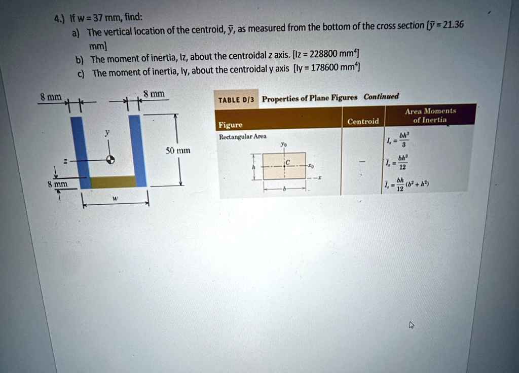 4.) If w = 37 mm, find: a) The vertical location of the centroid, y̅ ...