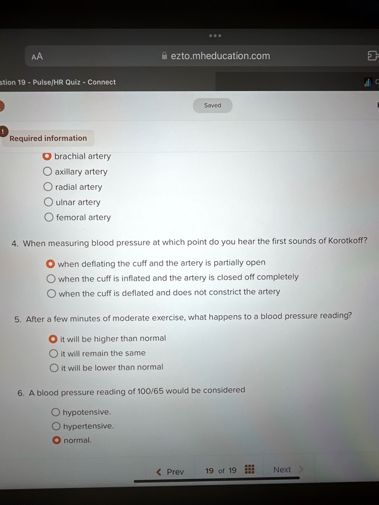 [GET ANSWER] AA ezto.mheducation.com stion 19 - Pulse/HR Quiz - Connect ...